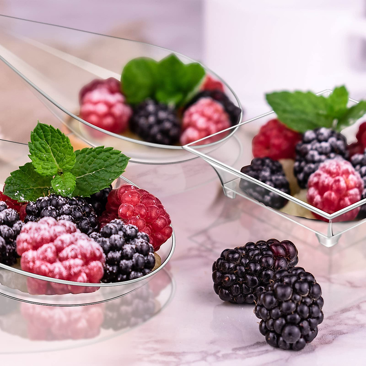 400 Pcs Mini Dessert Plates with Tasting Spoons Disposable Serving Trays 100 Pcs Small Square Appetizer Plates 100 Pcs Clear Plastic Plates 200 Pcs Mini Spoons for Desserts Party Fruit (Water Drop)