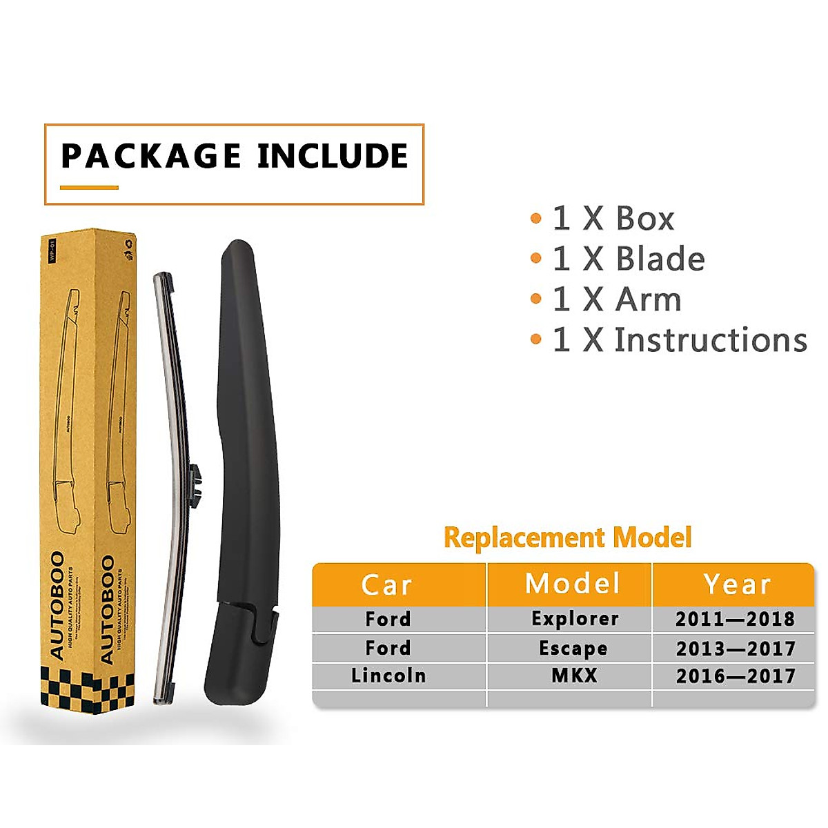 AUTOBOO Replacement For Ford Explorer 2011-2018, Escape 2013-2018,Lincoln MKX Rear Windshield Wiper Blade Arm Set-Factory OE Style