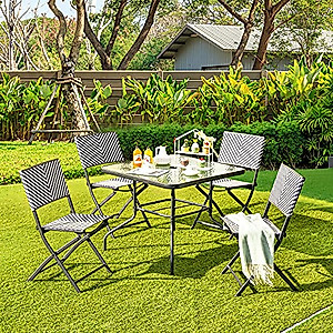 Tangkula 4-Piece Patio Dining Chairs, Outdoor PE Wicker Folding Chairs with Rustproof Frame, Potable Bistro Chairs for Backyard, Garden (4, Navy Blue + White)