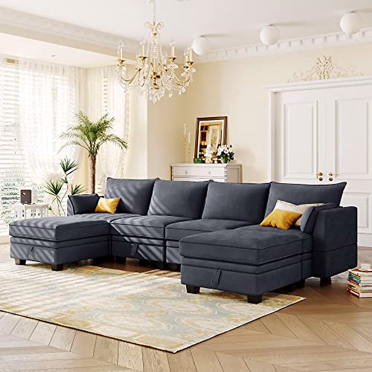 Eafurn U Shaped Modular Sectional Sofa with Double Chaise and Storage Seat,115" Upholstery Corner Couch with Comfy Cushion Back,Oversized Convertible Sleeper Sofa & Couch Bed for Living Room