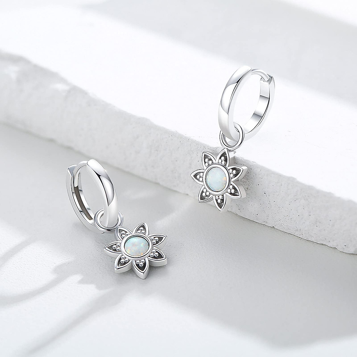 Lotus Earrings 925 Sterling Silver Opal Sunflower Hoop Opal Dangle Drop Earrings Huggie Hoop Jewelry Gifts for Women Teen