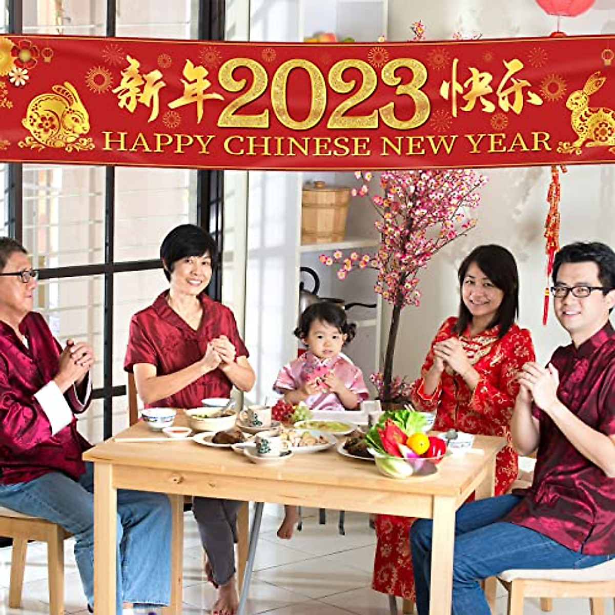 Chinese New Year Decorations 2023, 10 x 1.6 ft New Year Party Supplies, Large Happy Chinese New Year Banner, Year of the Rabbit Party Banner for Chinese Spring Festival Supply Outdoor Indoor Decor
