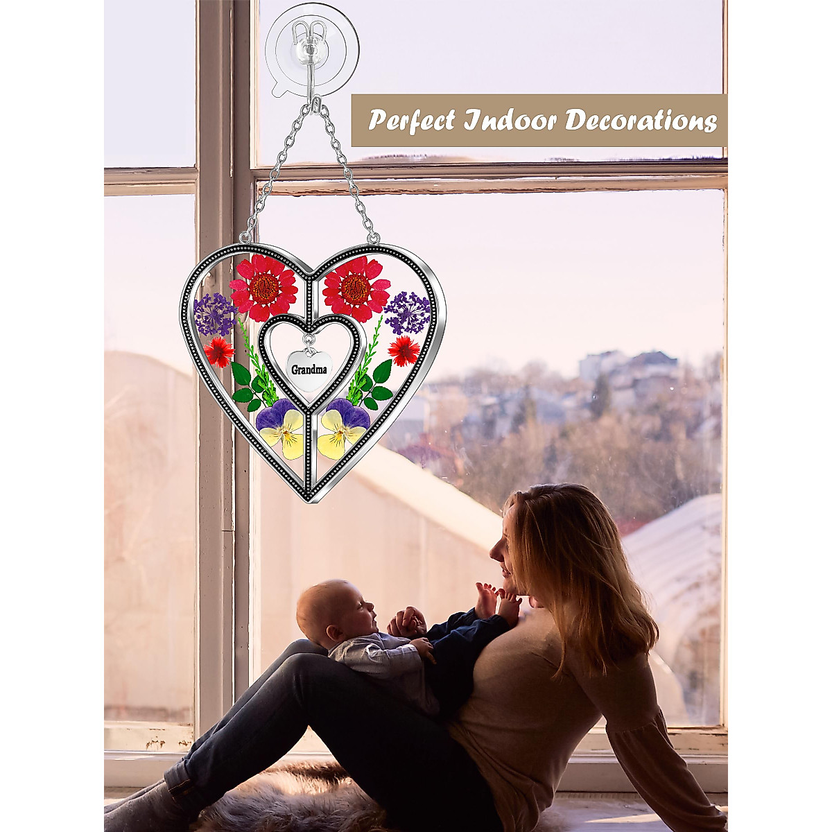KY&BOSAM Heart Suncatchers Grandma Gift Ornament Stained Glass Sun Catcher Garden hangings Windows with Pressed Flower Heart Embedded in Glass Gifts for Grandma Mother`s Day Birthday Gifts