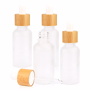 4 Pack Frosted Glass Dropper Bottles,Essential Oil Bottles With Eye Dropper And Bamboo Lids Perfume Sample Vials Essence Liquid Cosmetic Containers (30ml/1oz)