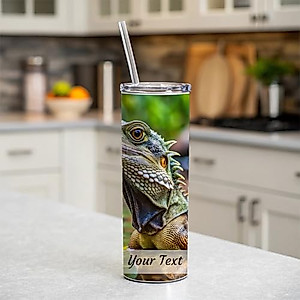 Personalized Custom Name Text Water Dragon Lizard Reptile Skinny Tumbler 20oz with Straw Insulated Water Bottle Gift - 1 Line Horizontal