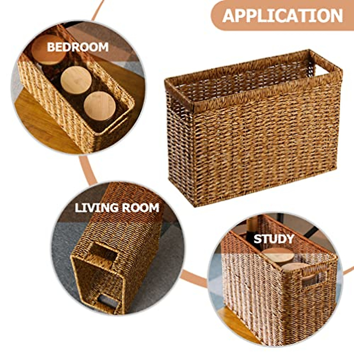 Zerodeko Imitation Rattan Hand Woven Magazine Basket, with Handles, Plastic Storage Basket Magazine Wicker Basket Hollow Handle Basket Desktop Magazine Holder