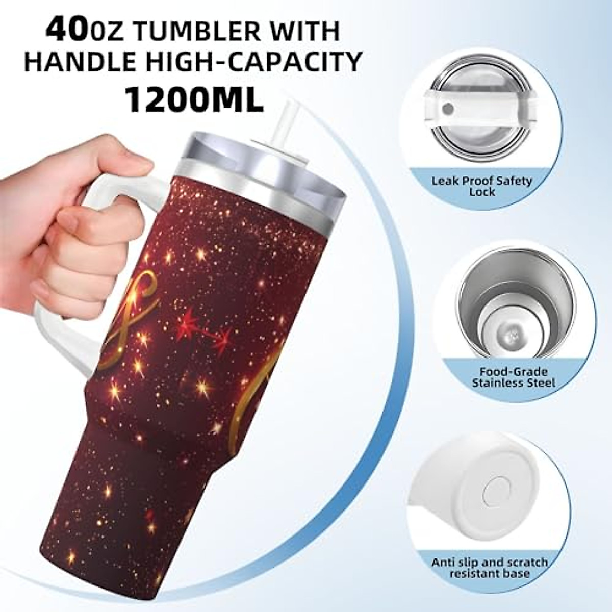 deaokluy 40 OZ Christmas Ice Bully Cup with Handle Straw Lid, Double Wall Stainless Steel Tumbler Travel Coffee Cup, Merry Insulation and Cooling Cup for Christmas Birthday Present