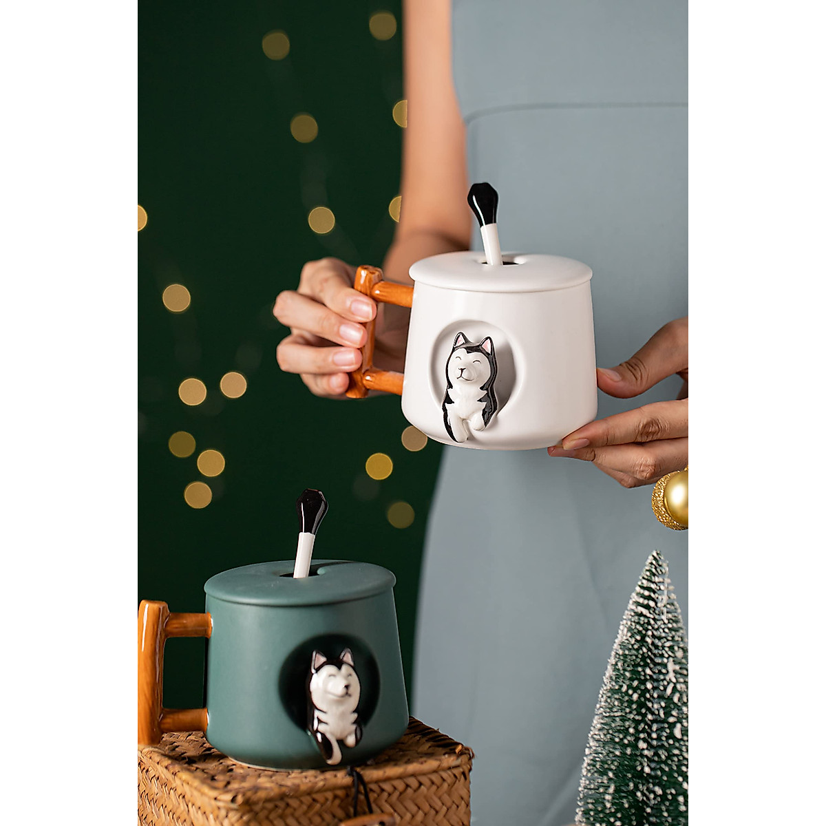 DIHOclub Ceramic Coffee Mug with Lid and Matching Spoon,Novelty 3D Husky Pattern Mug for Tea Milk Chocolate Juice,Cute Cup for Dog Lovers,Perfect Gifts-14 Ounces (green)