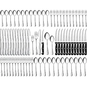 AIKWI 72-Piece Silverware Set with Steak Knives Service for 12, Stainless Steel Cutlery Flatware Set, Mirror Polished Tableware Utensils Set for Home Party Hotel Kitchen, Dishwasher Safe