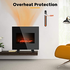 Electric Fireplace Wall Mounted Heater, 1500W Freestanding Fireplace Heater with 10 Colorful Flame Brightness Adjustment, 3D Realistic Flame Effect, Full Screen Glass & Remote Control, 26 Inch