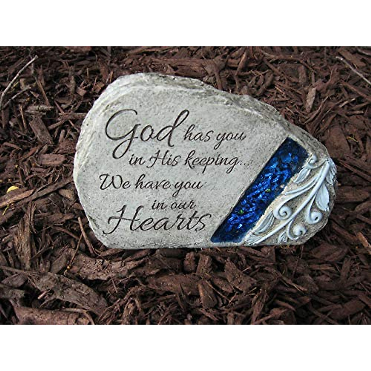 Carson Memorial Garden Stone With Blue Mosaic Solar Accent - God Has You In His Keeping We Have You In Our Hearts