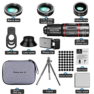 VASDEV Phone Camera Lens Kit Upgraded Version Telephoto 28X + Wide Angle 0.6X Macro 20X Fisheye 198° for iPhone Samsung Android and Most Smartphones, VASDEV-1