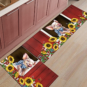 BestLives Kitchen Rug Sets Farmhouse Sunflower Pig 2 Piece Non-Slip Kitchen Mat Rustic Farm Barn Doormat Area Runner Carpet Set Absorbent Bath Floor Mat 15.7x23.6in+15.7x47.2in