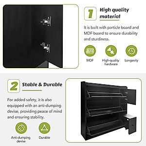 Gnrolaz Modern Shoe Cabinet with 3 Flip Drawers, Adjustable Shelf, Wood Free Standing Shoe Rack with Pull-Down Seat for Hallway, Entryway Organizer with Storage Cabinet, Black