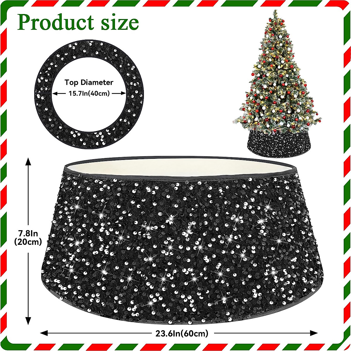 FANPROMS Black Christmas Tree Collar 23.6 Inches Diameter Base Glittery Sequins Xmas Tree Ring for Rustic Artificial Tree Skirt Woven Tree Bark Collar Thick Velvet Tree Cover Supply