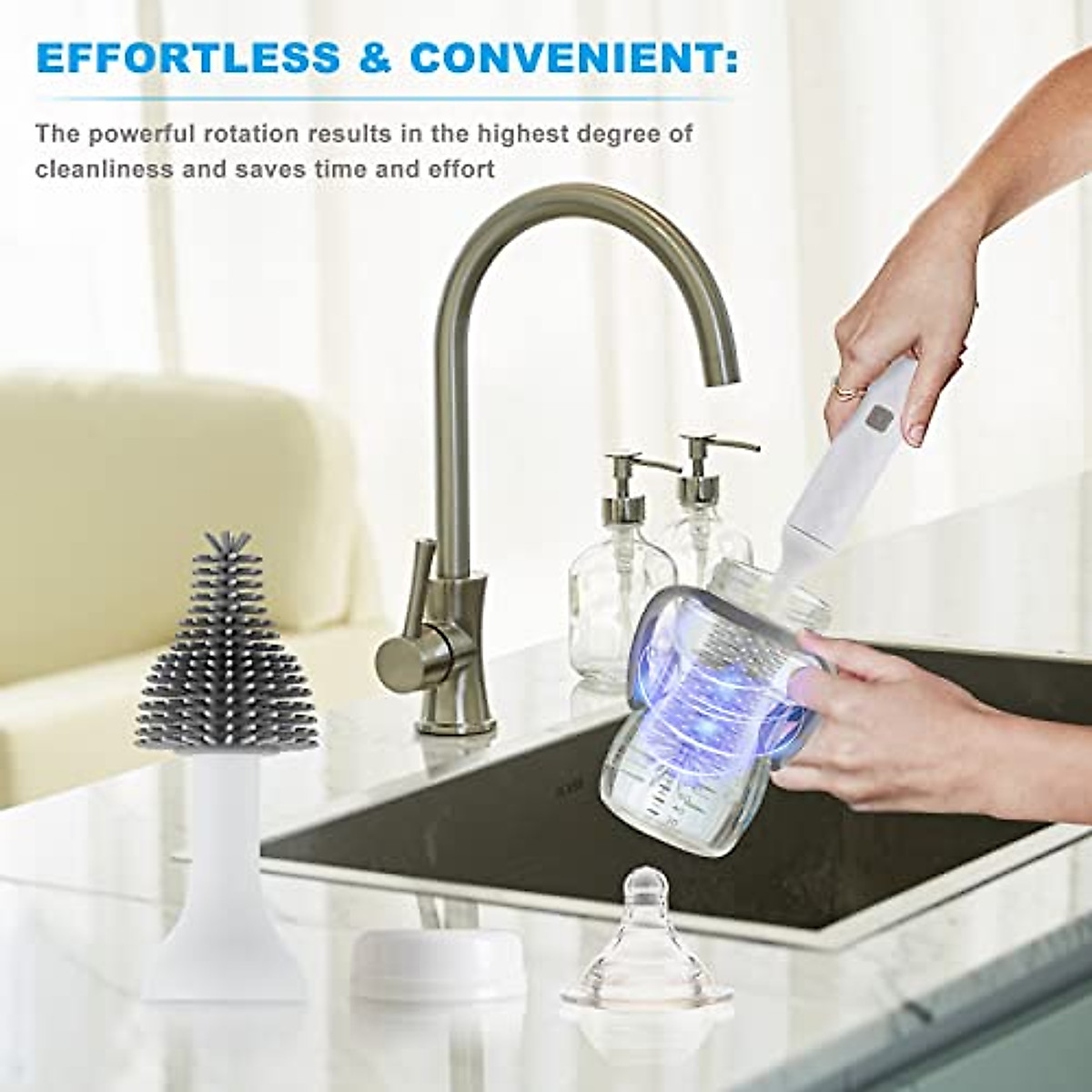 WHNL Electric Bottle Brush Set with Baby Bottle Brush Cleaner, Nipple Brush,Straw Cleaner Brush,Travel Baby Essentials,Gift for New Moms,White