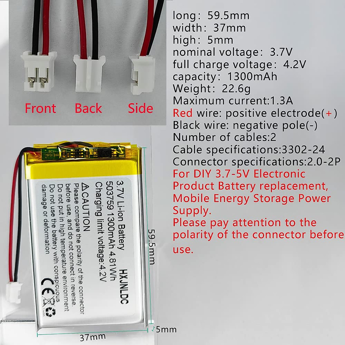 HXJNLDC DC 3.7V 1300mAh 503759 Rechargeable Lithium Polymer Replacement Battery for DIY 3.7-5V Electronic Product, Mobile Energy Storage Power Supply