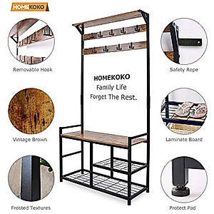 HOMEKOKO Coat Rack Shoe Bench, Hall Tree Entryway Storage Bench, Wood Look Accent Furniture with Metal Frame, 3-in-1 Design (Rustic Brown)
