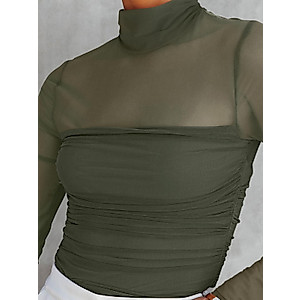 REORIA Women’s Fall Sexy Mock Turtle Neck Long Sleeve Sheer Mesh Slim Fit Ruched Trendy Going Out Leotard Bodysuits Tops Grey Green Large