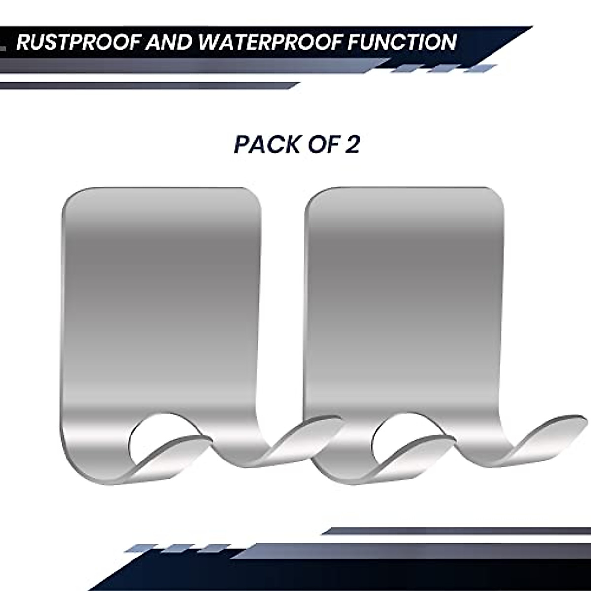 Performore 2 Pack of Stainless Steel Double Hook Hangers with Flat Back and 3M Foam Adhesive, Adhesive Shower Hooks, Razor Holder, Towel Hangers for Bathroom or Kitchen Wall