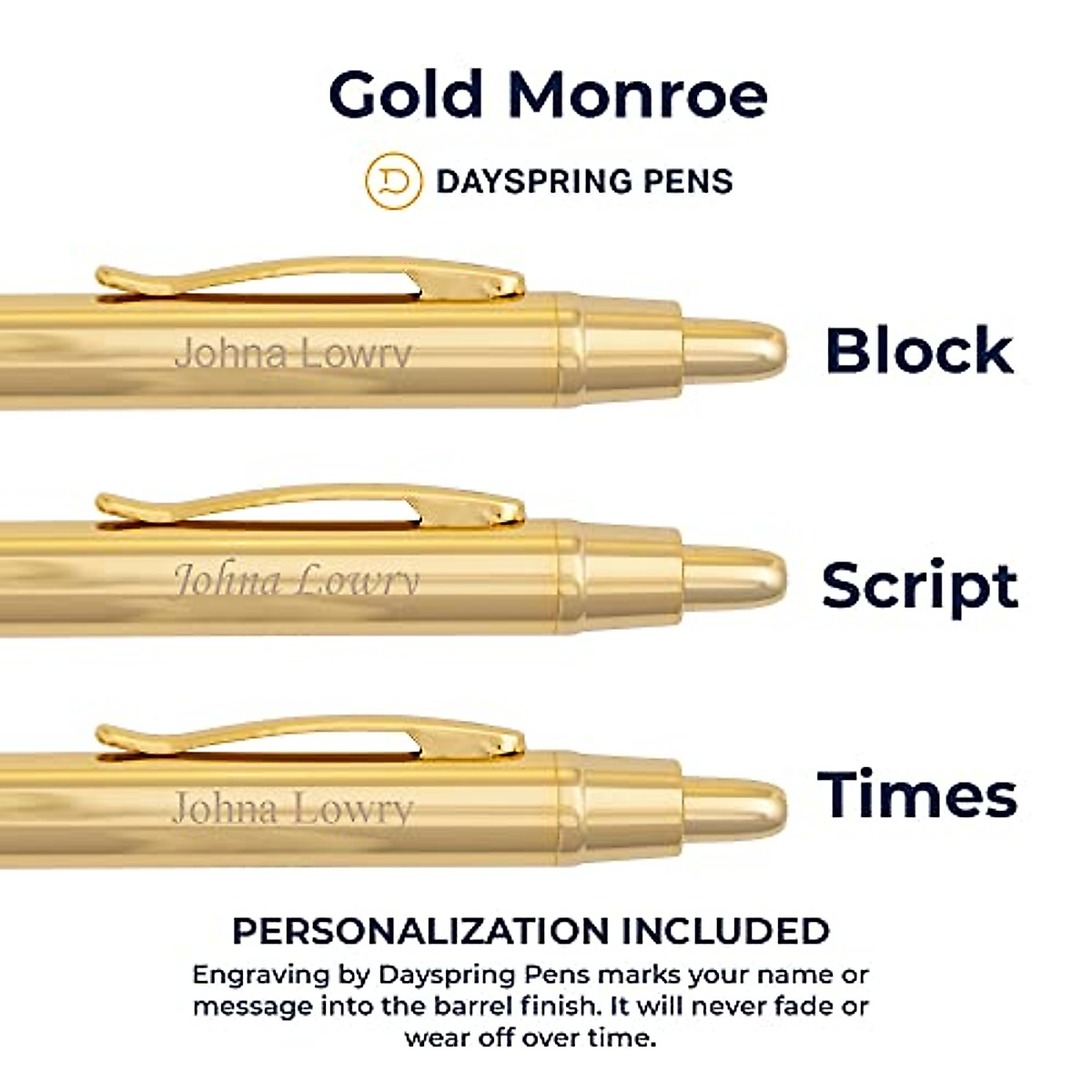 Dayspring Pens - Personalized Monroe 18 Karat Gold Plated Gift Click Pen and Case - Custom Engraved Fast with Your Name and Shipped in One Business Day.