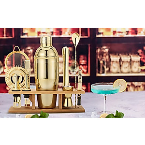 JNWINOG Shakers Bartending, 11Pcs-Cocktail Shaker Set Gold Drink Mixer with 25oz Martini Shaker,Muddler,Bar Spoon and More Professional for Home and Bartender.(Gold)