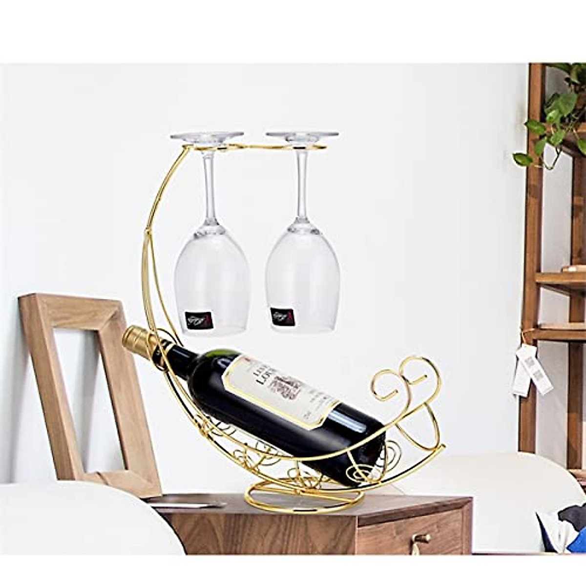 Homya Tabletop Metal Wine Bottle Rack Elevated Vertical Countertop Wine Glass Display Organizer, Dining Table Offers Wine Glasses as Gifts, Holds 1 Bottle 2 Glasses, Plating Craft Gold Glod