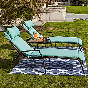 LOKATSE HOME Outdoor Lounge Chair Set 3 Pieces Patio Cushioned Adjustable Back Chaises with Bistro Table Steel Frame for Backyard Porch Garden Poolside, Light Blue
