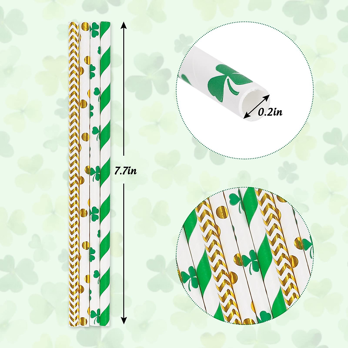 Whaline 100Pcs St Patrick's Day Paper Straws 7.7" Shamrock Wave Stripe Dot Disposable Paper Straws Irish Theme Paper Straws Green Gold Foil Straws for Juices Baby Shower Birthday St Patrick's Day
