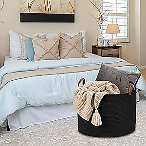 Cotton Rope Basket XXL Blanket Basket for Blankets Large Woven Storage Basket Round Rope Basket Black Toy Basket Woven Laundry Basket with Real Leather Handle, 20''X20''X13''