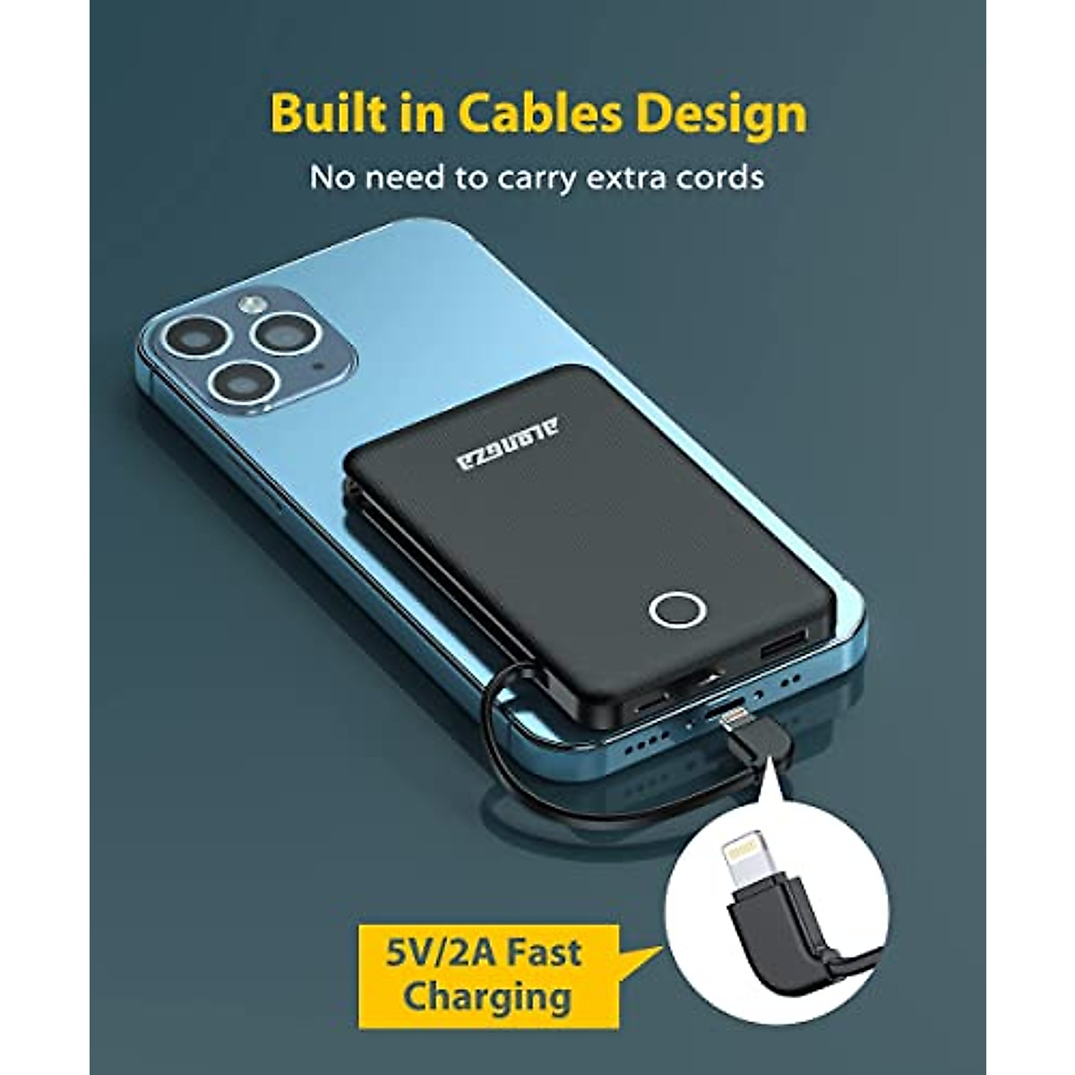 Portable Charger Small Size Built in Cable 6000mAh Power Bank, External Battery Pack Lightweight Backup Charger, Ultra Slim Battery Backup Charger for Cell Phones