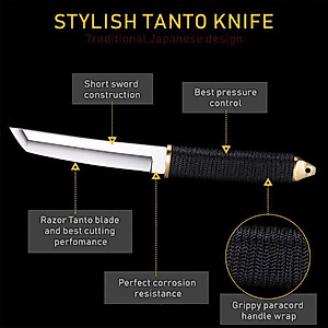 Grand Way Tanto Camping Knife with Sheath – 3+ Colors – 5.9" Fixed Full Tang Mirror Polished Blade – Hunting Knife with Sheath Survival Knives for Men