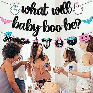 Halloween Gender Reveal Banner What will Baby Boo Be Banner Halloween Ghost Bats Theme Boo-y or Ghoul He or She Blue or Pink Boy or Girl Gender Reveal Baby Shower Party Supplies