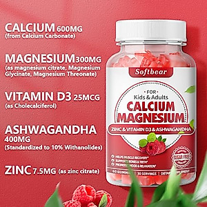 Calcium Magnesium Zinc Gummies, Sugar Free Calcium Supplement for Women Men, High Absorption Calcium with Vitamin D3 Gummies for Bone & Muscle & Nerve Health, Vegan Raspberry Flavor - 60 Count