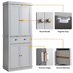 LOUVIXA 72" Kitchen Pantry Storage Cabinet, Freestanding Cupboard with 2 Cabinets, Drawer and Adjustable Shelves, Tall Storage Cabinet for Kitchen, Dinning Room, Living Room, Grey