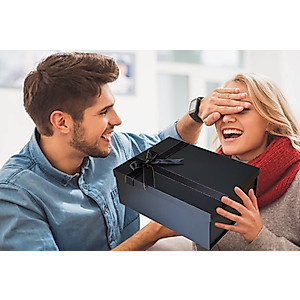 MYGOGOART Large Black Gift Box 13 x 10 x 5 Inches with Lid, Ribbon Bow, Shredded Raffia Paper Fill, Greeting Card and Envelope for Wedding Birthday Valentines Bridal Gifts (1 pack, Black)