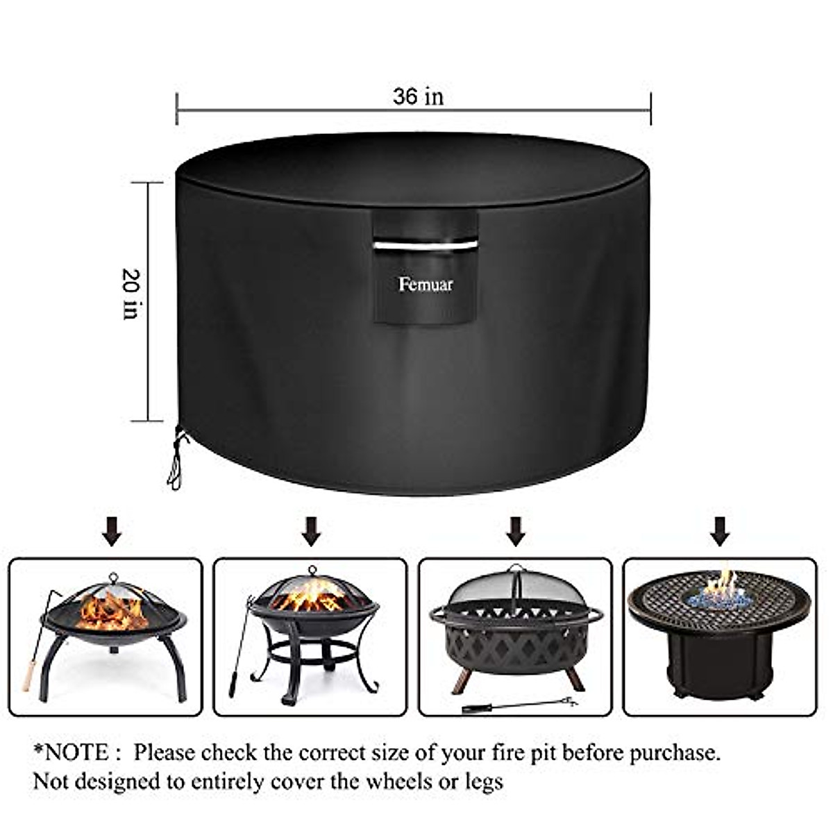 Femuar Outdoor Fire Pit Cover, 36 x 20 inch Waterproof 600D Heavy Duty Round Patio Table Cover Rip Resistant Gas Fire Table Cover, Black