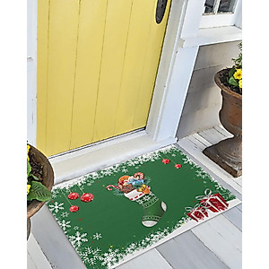 Indoor Door Mat Washable Mat 16x24 Inch - Outdoor Non-Slip Mat Absorbent Resist Dirt Doormats Socks Pattern Green Floor Mat for Entryway Patio Bathroom