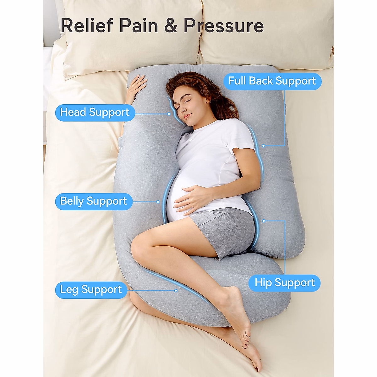 Momcozy Pregnancy Pillows with Cooling Cover, U-Shaped Full Body Maternity Pillow for Side Sleepers 57 Inch - Support for Back, Hip, Belly, Legs for Pregnant Women