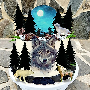 13 PCS Wolf Cake Topper Full Moon Cake Decor with Animal Figurine for Baby Shower Wolf Themed Wedding Birthday Party Supplies (Gray)