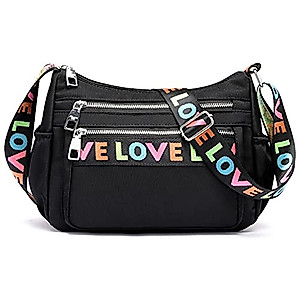 ZEHO Print Multi Pocket Nylon Crossbody Bag for Women Messenger Bags Lightweight Travel Shoulder Bag Waterproof, Love Letter Print