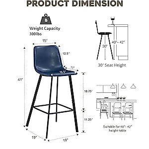 OUllUO Counter Bar Height Barstools with Back, 29 in PU Leather Bar Stools Set of 2, Upholstered Armless Tall Bar Stools for Kitchen Island, Cafe, Pub, Bistro, BS244, Navy Blue, 2Pcs
