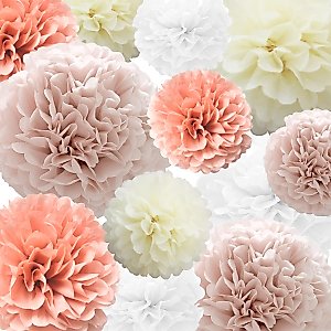 Tissue Paper Pompoms Paper Flower 22 Pcs Coral, Dusty Pink, Ivory, White Paper Flower Ball for Birthday Bachelorette Wedding Baby Shower Bridal Shower Party Decoration