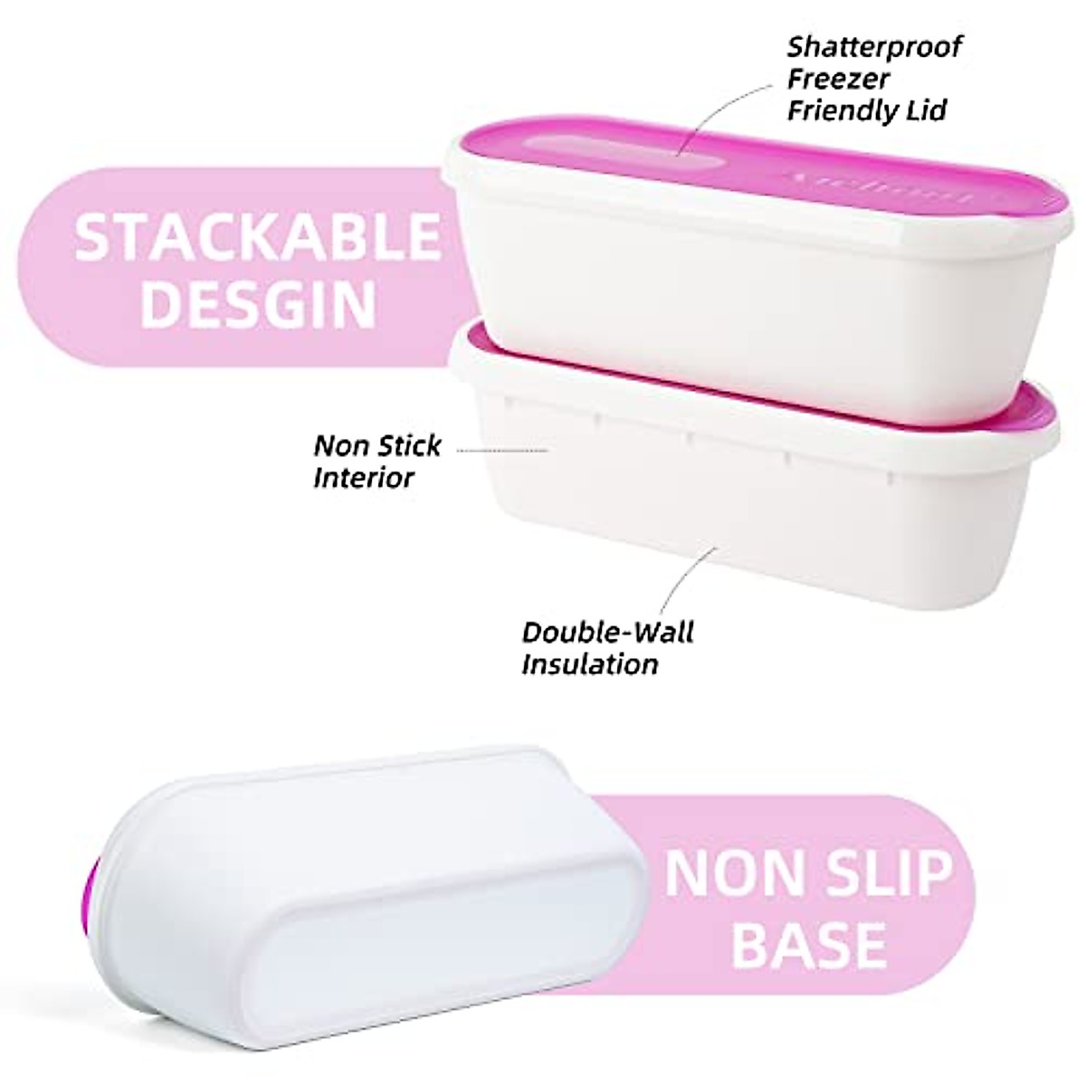 2 Quart Large Ice Cream Container with Lid and Stainless Steel Scoop, Double layer Freezer Storage Container Tub for sorbet and frozen yogurt or gelato, BPA FREE, Dishwasher Safe-Purple Lid