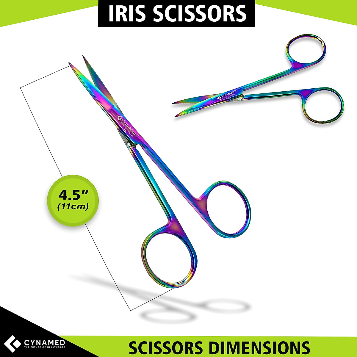 Cynamed Set of 2 Iris Micro Dissecting Scissors with Multicolor/Rainbow Titanium Coating Premium Quality Instrument - Perfect for Fine Precision Tissue Dissection Suture Removal (Straight and Curved)
