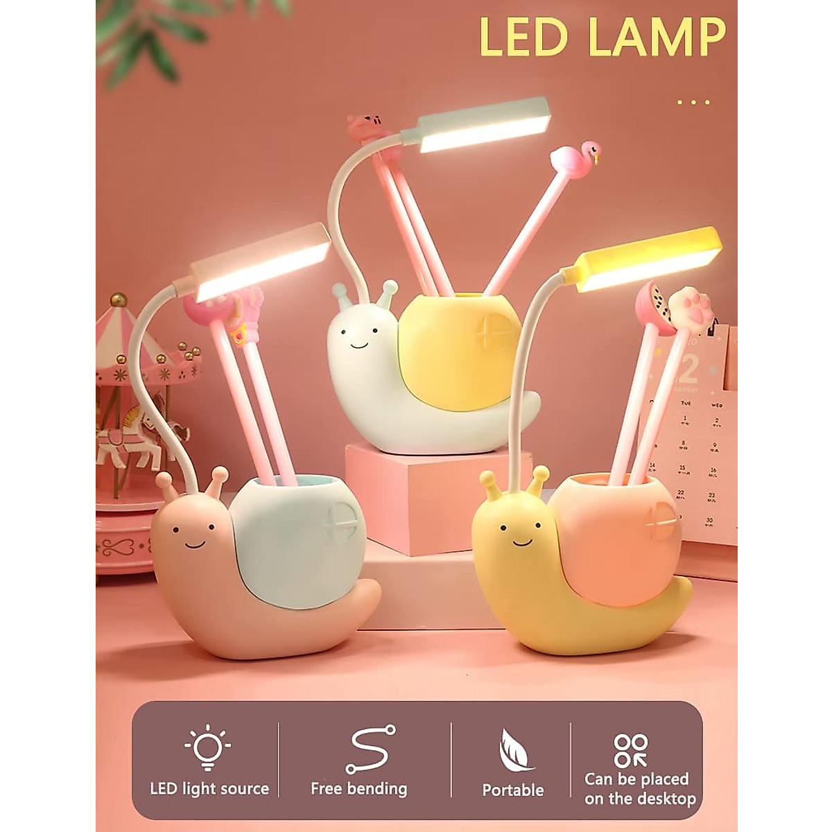 Cute Kids Lamp with Pen Holder,LED Desk Lamp for Child,Snail Shape USB Charging Student Learning Eye Protection Lamp with 360° Bendable Adjustable Neck Yellow