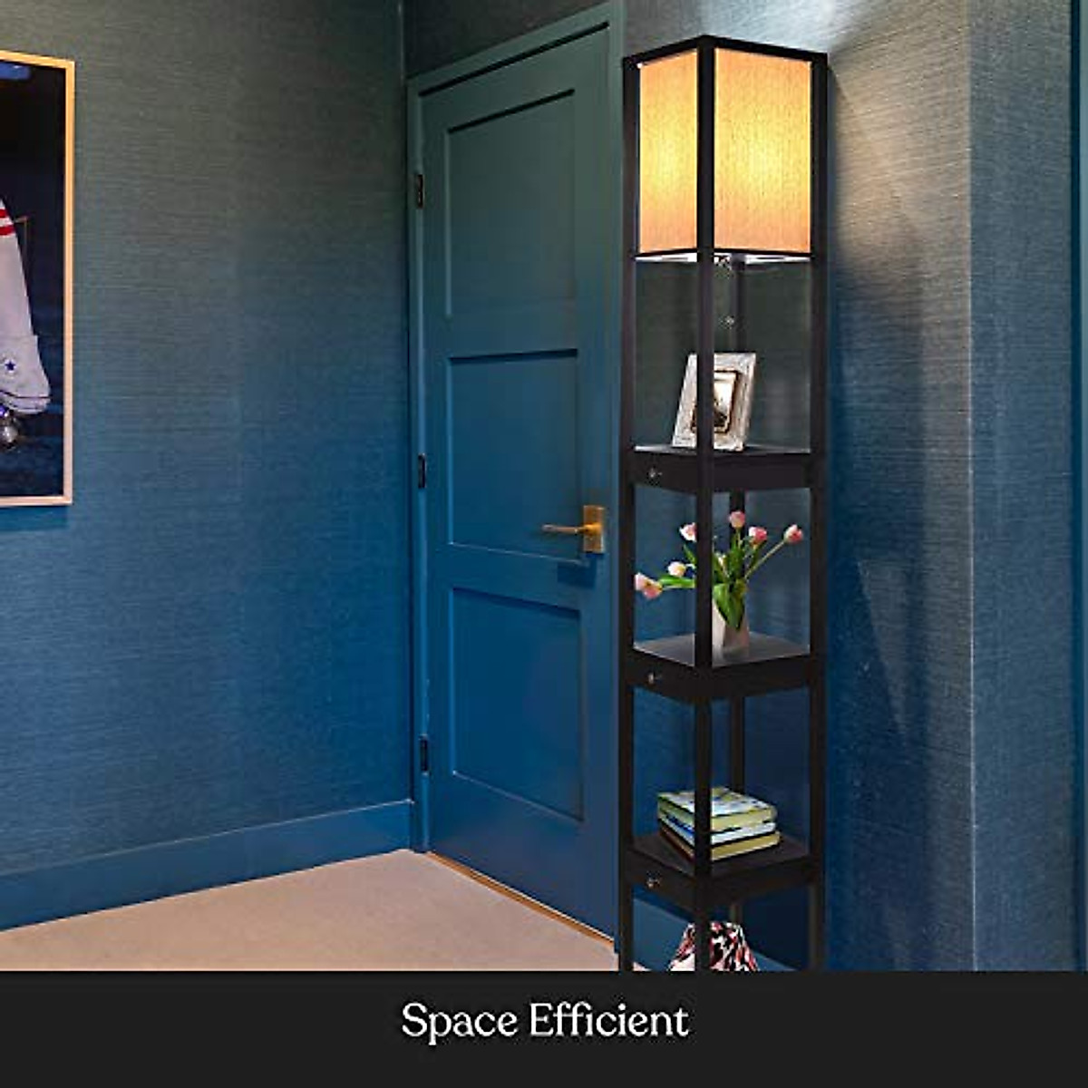 Brightech Maxwell Drawer Edition - Modern Shelf Floor Lamp with Drawer - Corner Display Floor Lamps with Shelves for Living Room, Bedroom and Office - Black