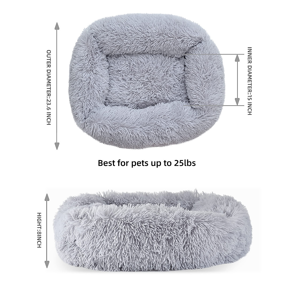 Gavenia Cat Bed for Indoor Cats,24 inch Soft Long Plush Cushion Washable Pet Bed Calming Self-Warming square Cat and Dog Bed Anti-Slip & Waterproof Bottom Cushion (24 x 20 x 7 inch, Grey)