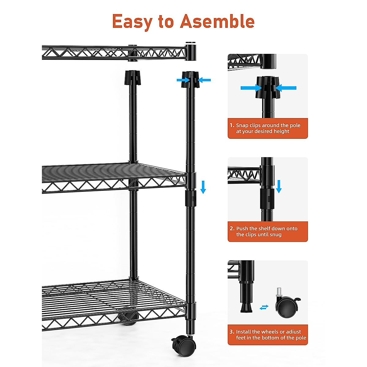 Simple Deluxe Heavy Duty 3-Shelf Shelving with Wheels, Adjustable Storage Units, Steel Organizer Wire Rack, 23" W x 13" D x 30" H, Black (HKSHLF23133003BPCLITE)