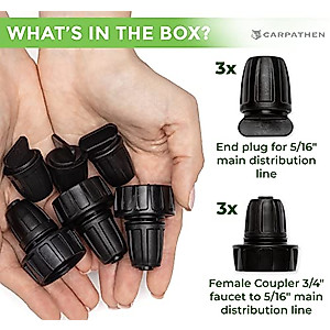 Carpathen Drip Irrigation Parts 5/16-6 Pack: 3 x PVC Female Hose Thread Non-Swivel Adapter to 5/16" tubing and 3 x Barbed Threaded End Plugs - Drip Irrigation Fittings
